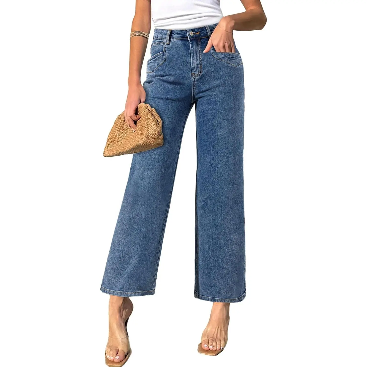 Women's Straight Leg Jeans High Waisted Stretchy Jeans Wide Leg Ankle ...