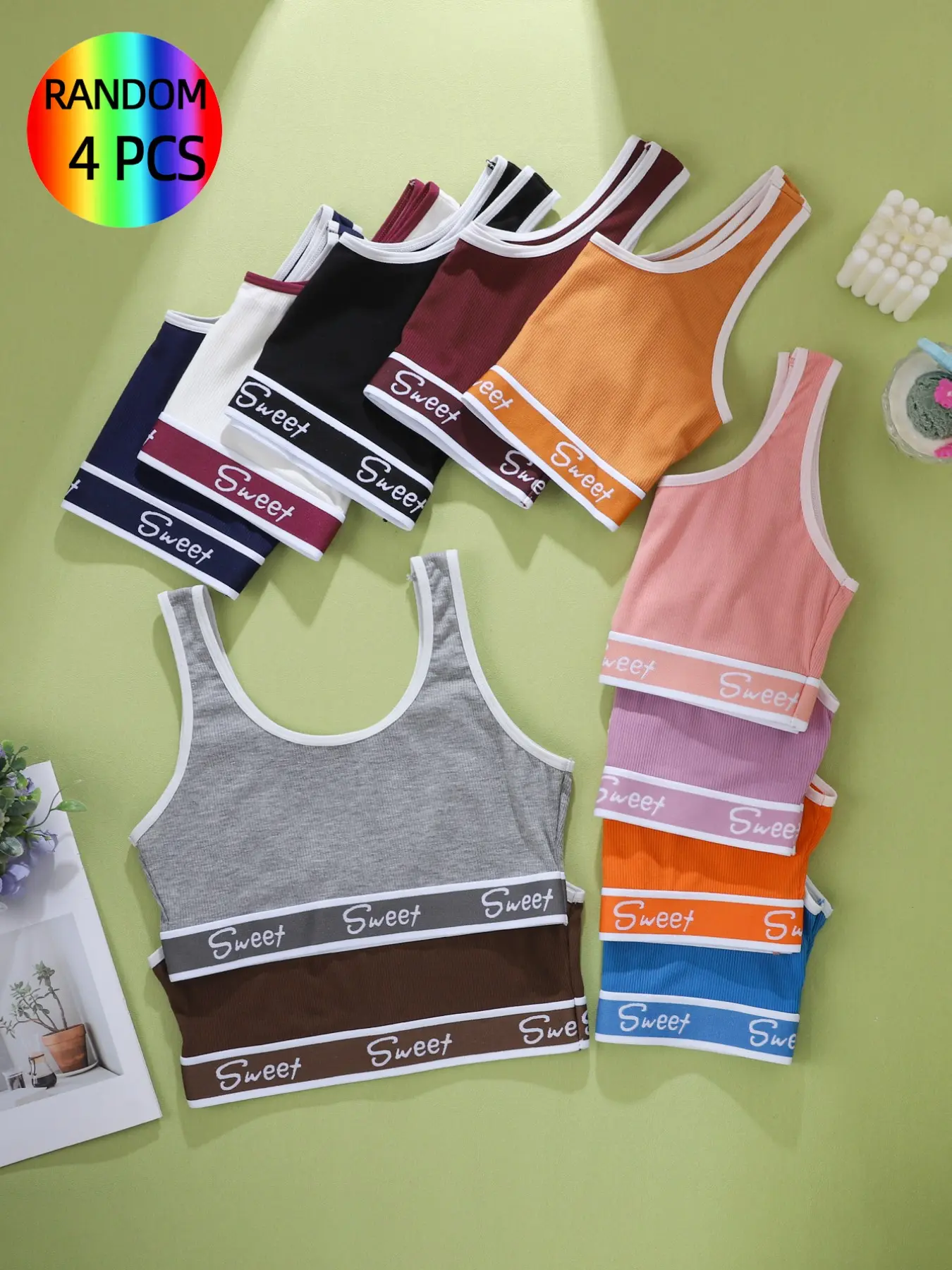 Random 4-Pack Cute Girl Backless Fashion Bras, Colorblock Wide Border ...