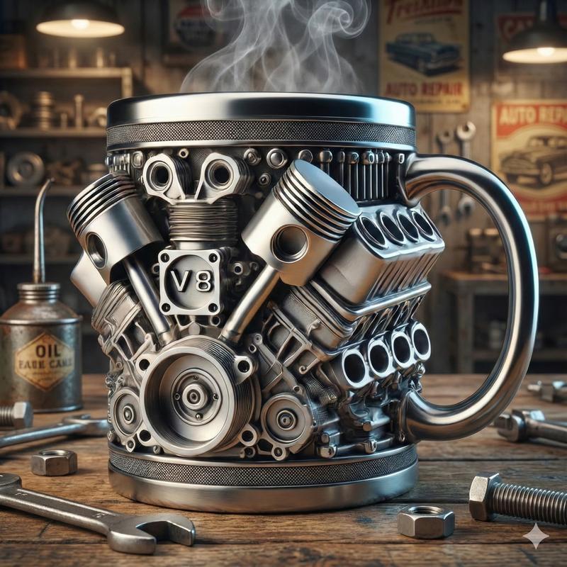 Engine-themed coffee mug, a retro-styled, realistic V8 engine stainless ...