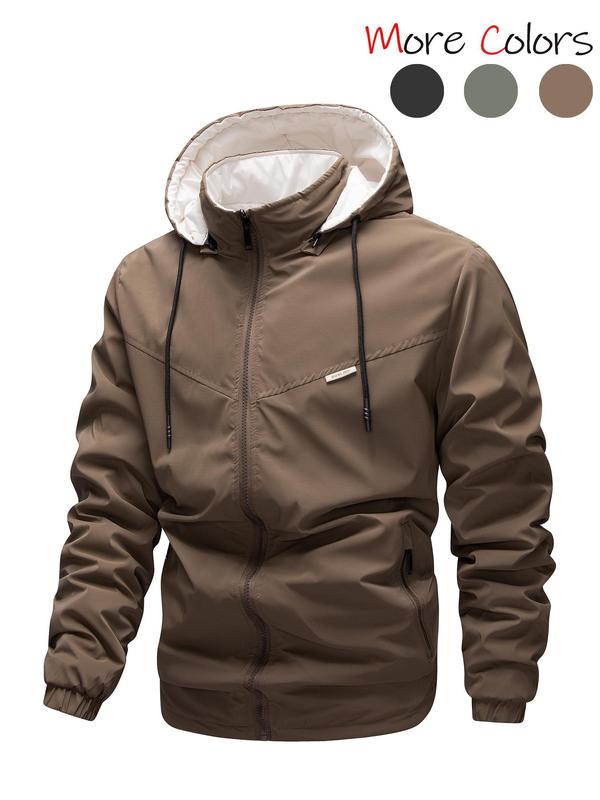 Men's Solid Color Zipper Pocket Design Drawstring Hooded Jacket, Loose ...