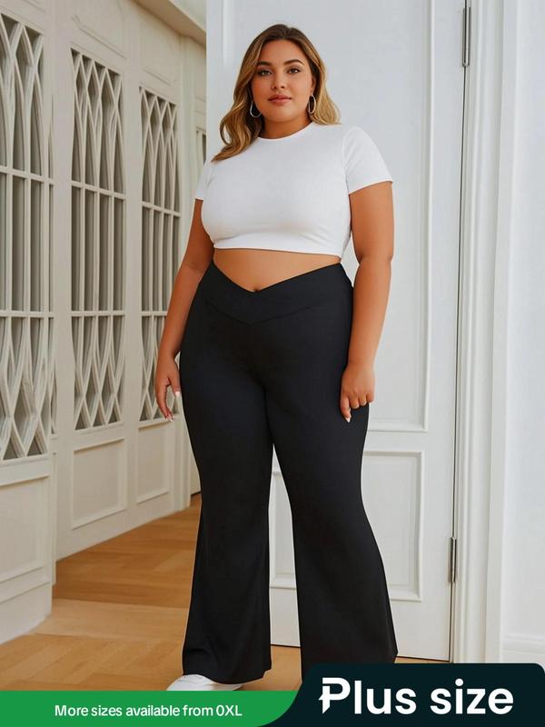 【Plus Size】 Solid Wrap High Waist Flare Leg Pants, Casual Comfy ...