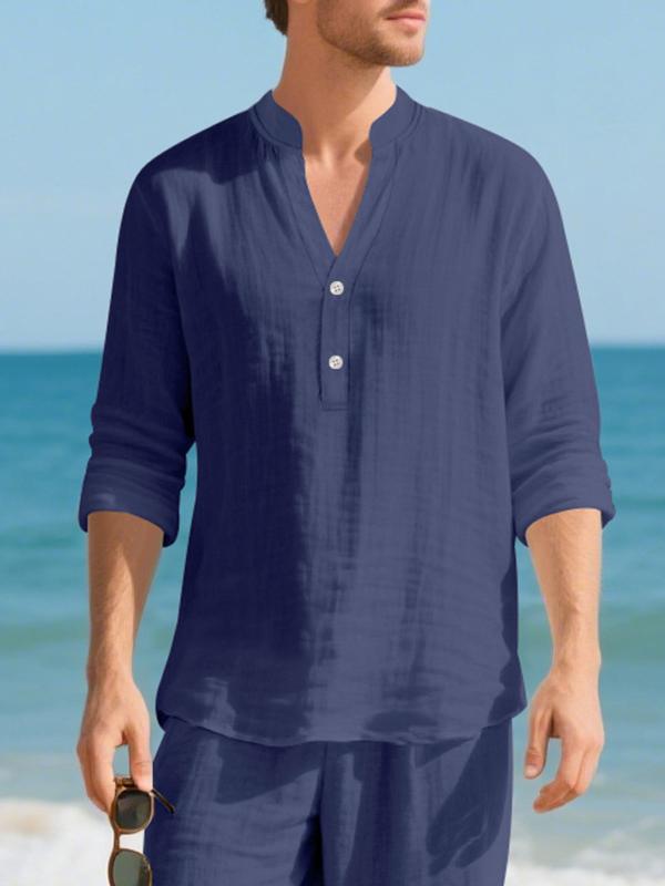 Men's V Neck Linen Long Sleeve Shirt, Casual Loose Fit Breathable Beach ...