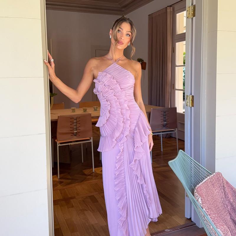 Elegant Purple Halter A Line Prom Gowns Ruffles Tiered Backless Party ...