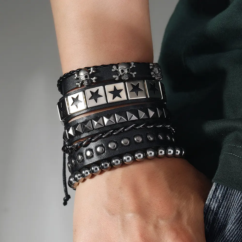 Men's Multi-Layer Black Leather Bracelet with Skull Star Spiked Hip Hop ...