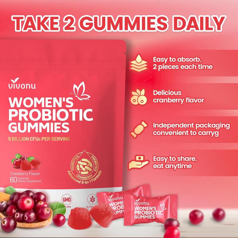 Women's Probiotic Gummies Cranberry Flavor 60 Count Feminine PH Balance Gummies for Healthy Odor ...