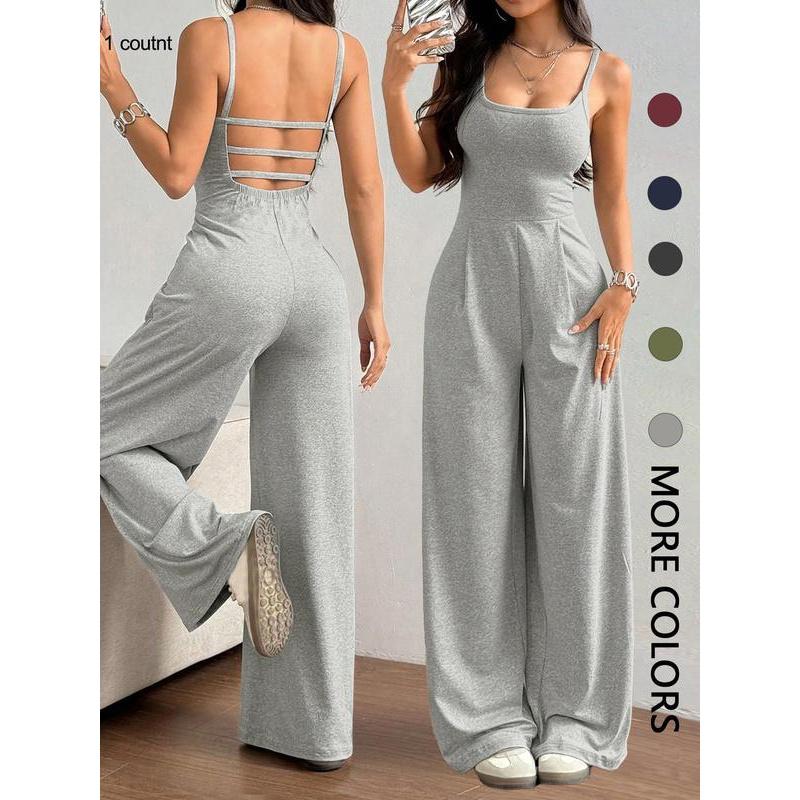 Women's Solid Backless Plicated Cami Jumpsuit, Casual Sleeveless ...