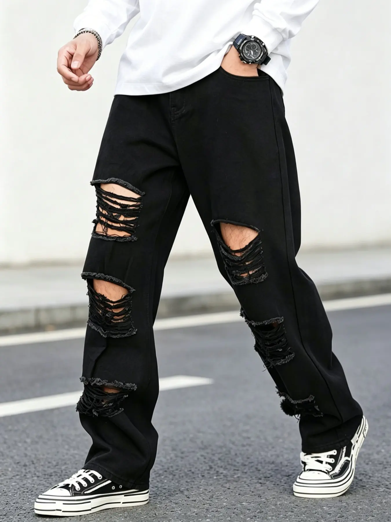 Black Ripped Jeans Distressed for Men, Loose Straight Leg Wide Leg ...