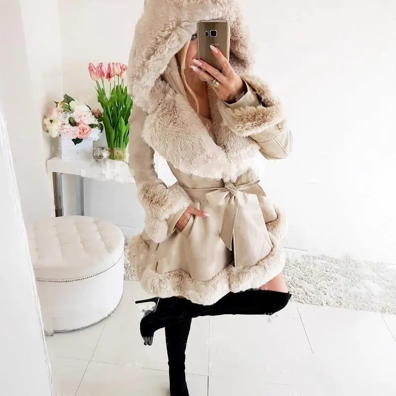 Belted Faux Fur Hooded Fit Coat Faux Fur Chav Coat Women's Double ...