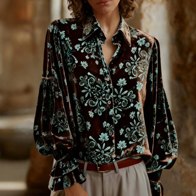 Cherrybetty Retro Floral Print Lantern Sleeve Velvet Top Blouse ...