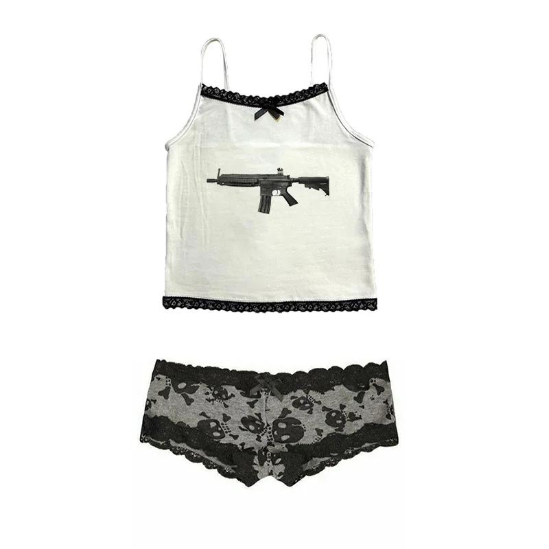 Rock Gothic Y2k Lace Tank Top Gun Harajuku Graphic Print Streetwear ...