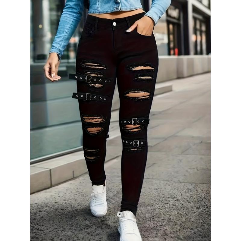 Women's-Waisted Distressed Black Color Ripped Jeans With, Style Skinny ...