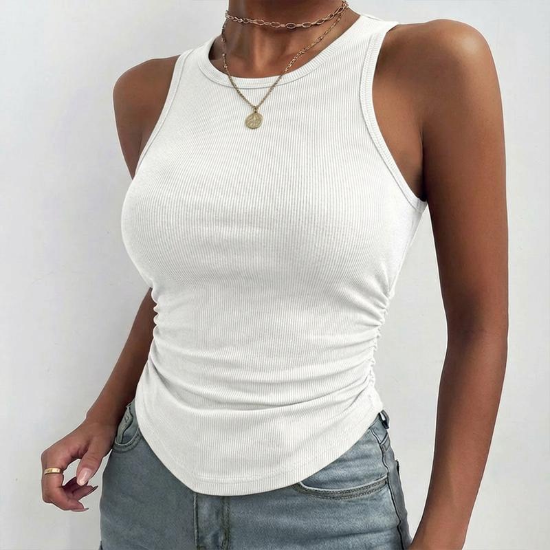ChicMe Women's Round Neck Sleeveless Side Ruched Tank Slim Fit Ribbed ...