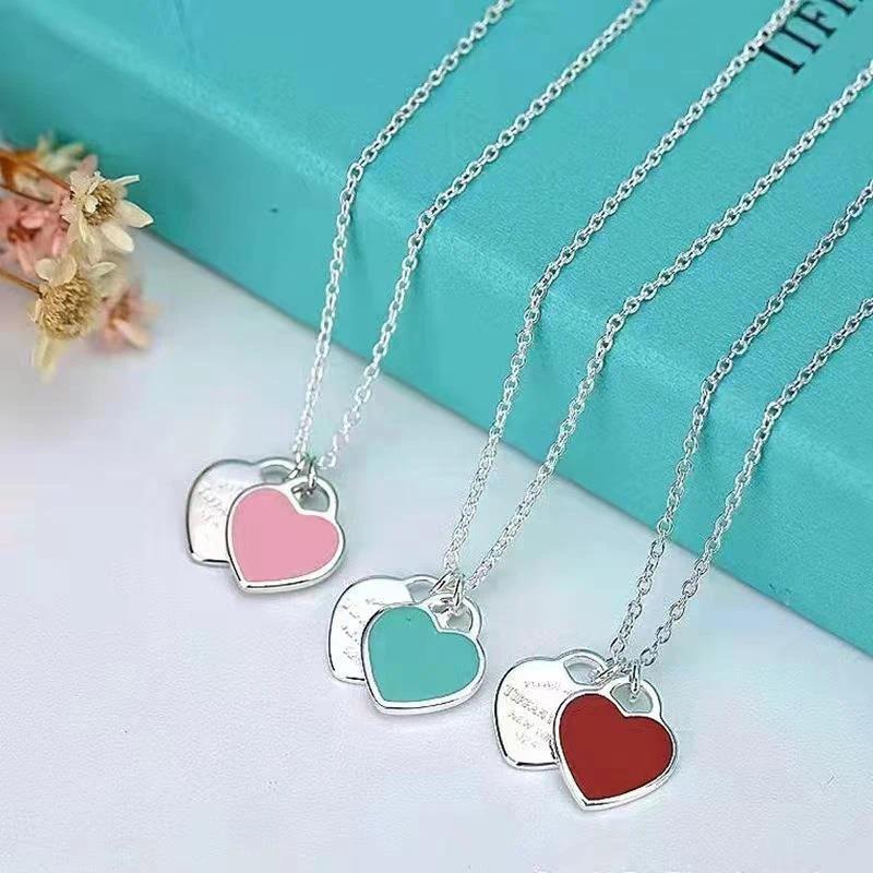Double Color Heart Pendant Necklace For Women Girls Elegant Fashion ...