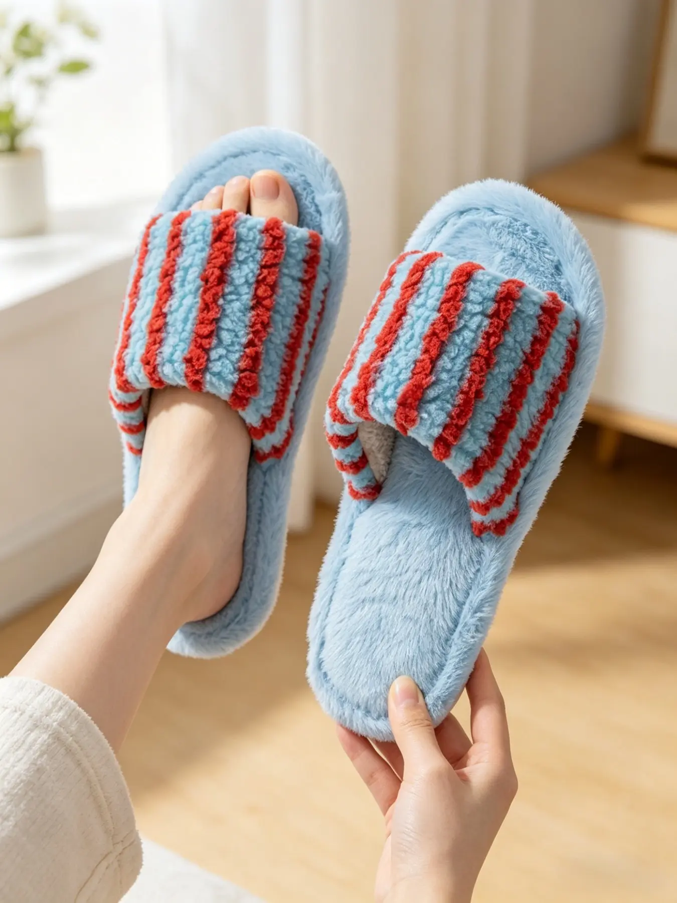 2026 New Soft Plush Striped Home Slippers, Non-Slip Comfortable Indoor ...