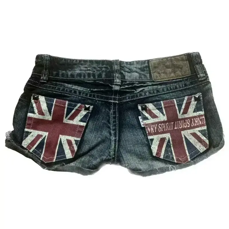 Women’s vintage washed denim shorts with national flag print, punk ...