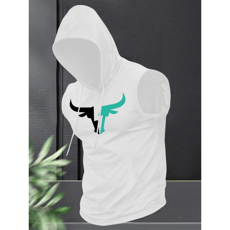 Men's Regular Fit Cartoon Bull Head Print Hooded Tank Top ...