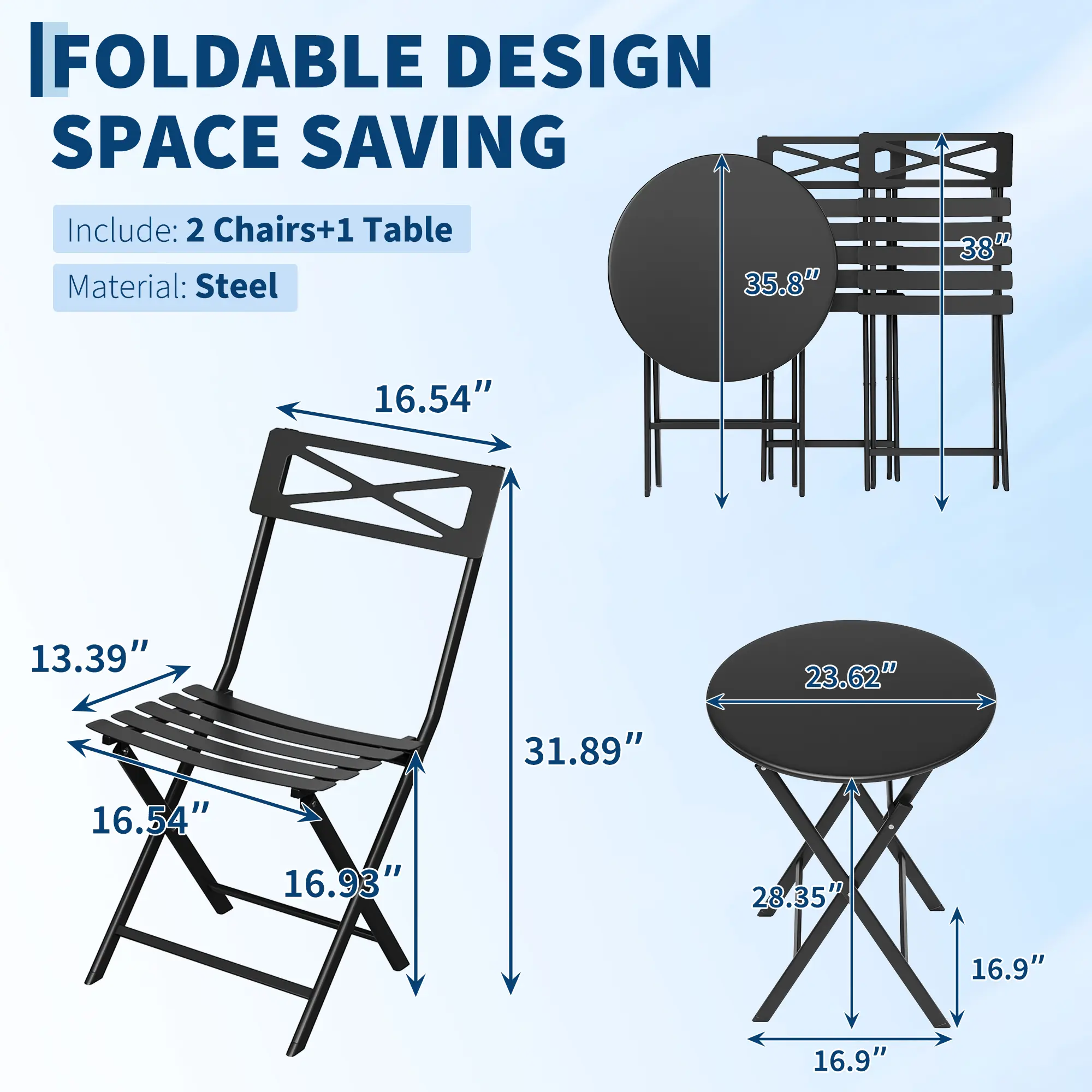 3-Piece Folding Bistro Set, Folding Outdoor Patio Furniture Sets, 2 ...
