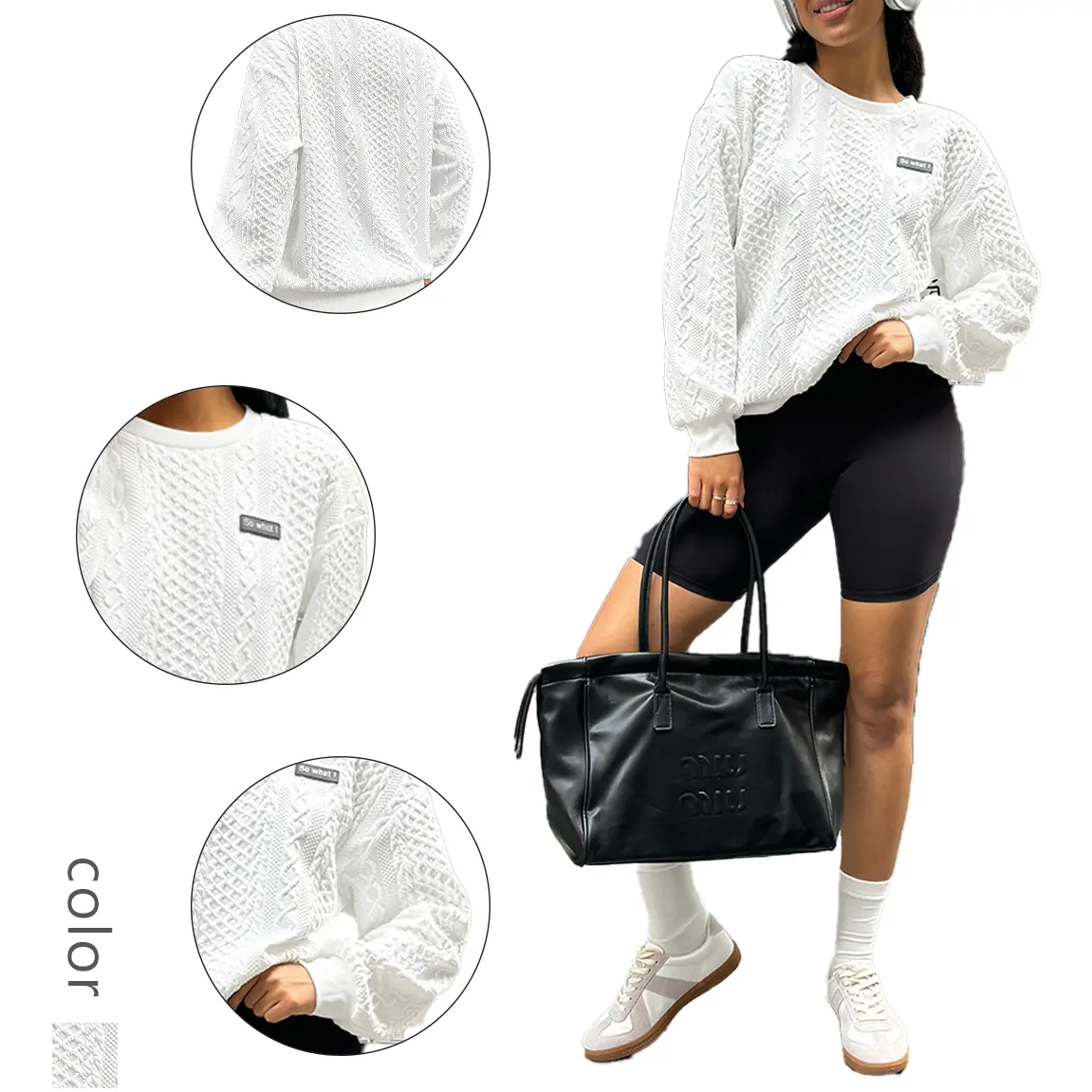 Women's White Textured Knit Sweatshirt - Oversized Pullover with Trendy ...