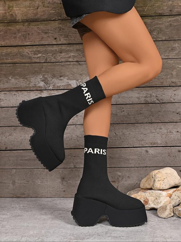 Letter Thick Sole Sock Boots, Knit Texture + Platform Bottom, Sweet ...