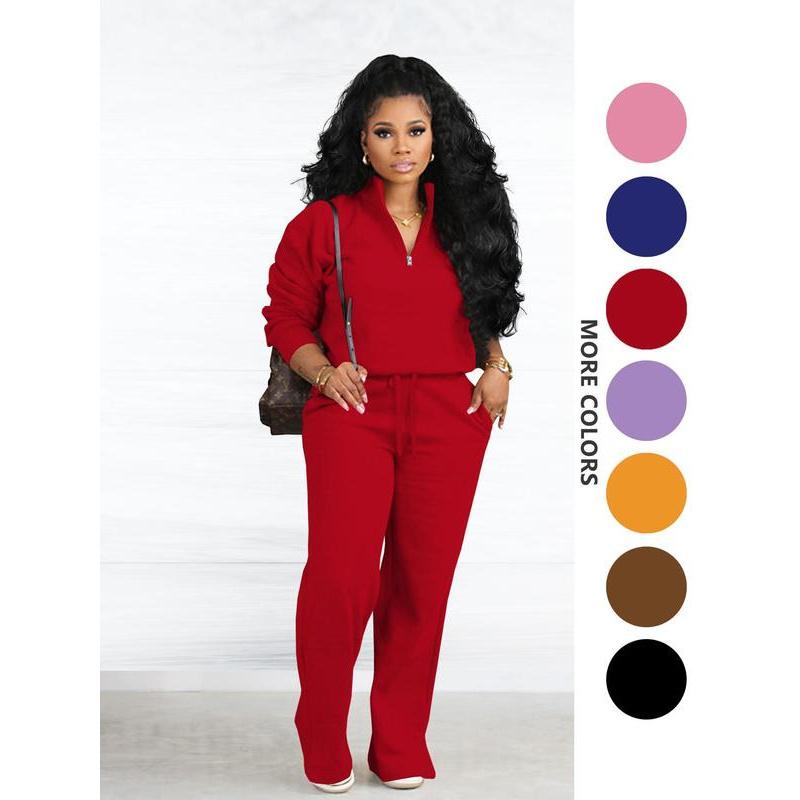 Two-piece Set Women's Solid Zip Up Funnel Neck Sweatshirt & Drawstring ...