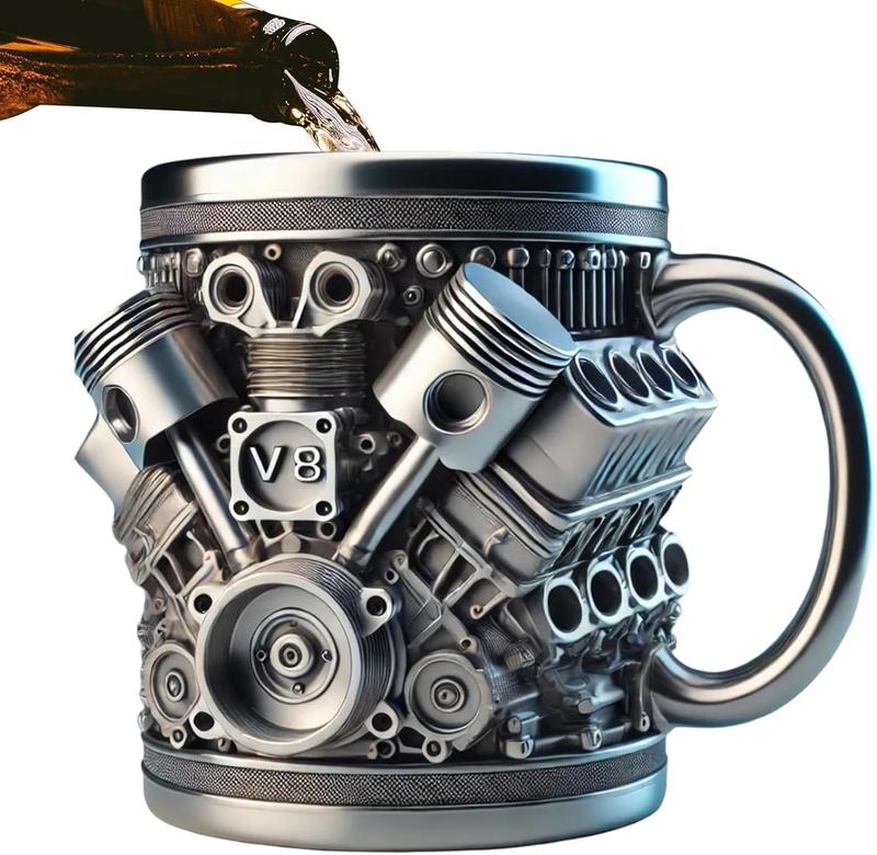 Engine-themed coffee mug, a retro-styled, realistic V8 engine stainless ...