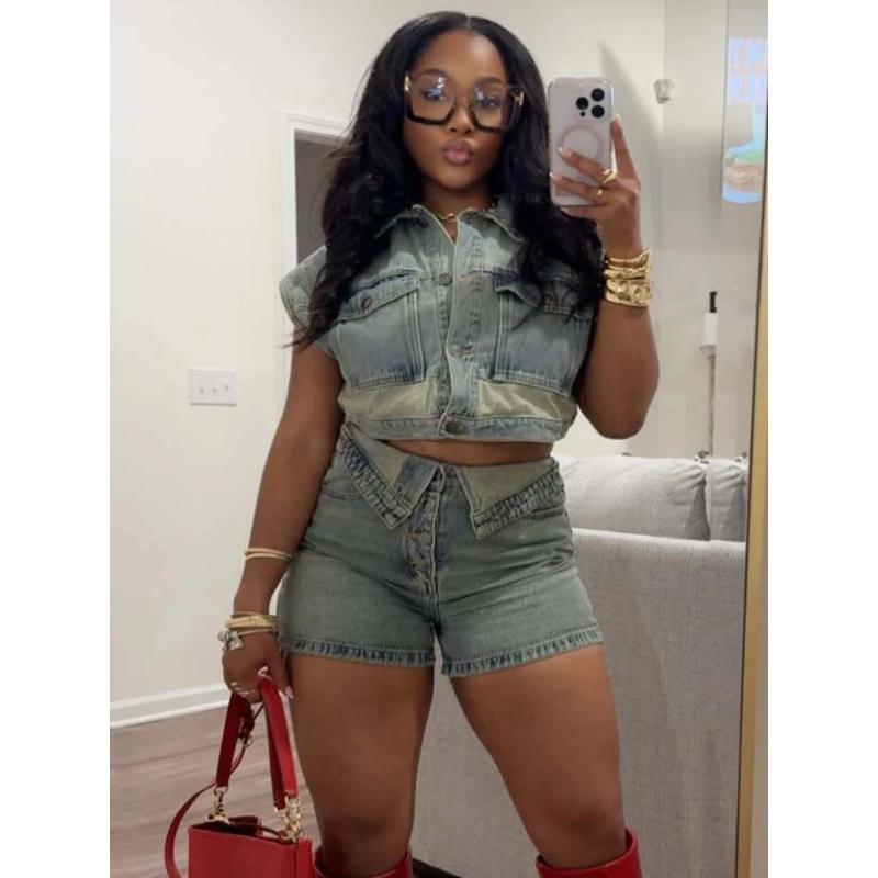 Jeans Patchwork Women 2 Piece Set Frock Tracksuit Single-Breasted ...