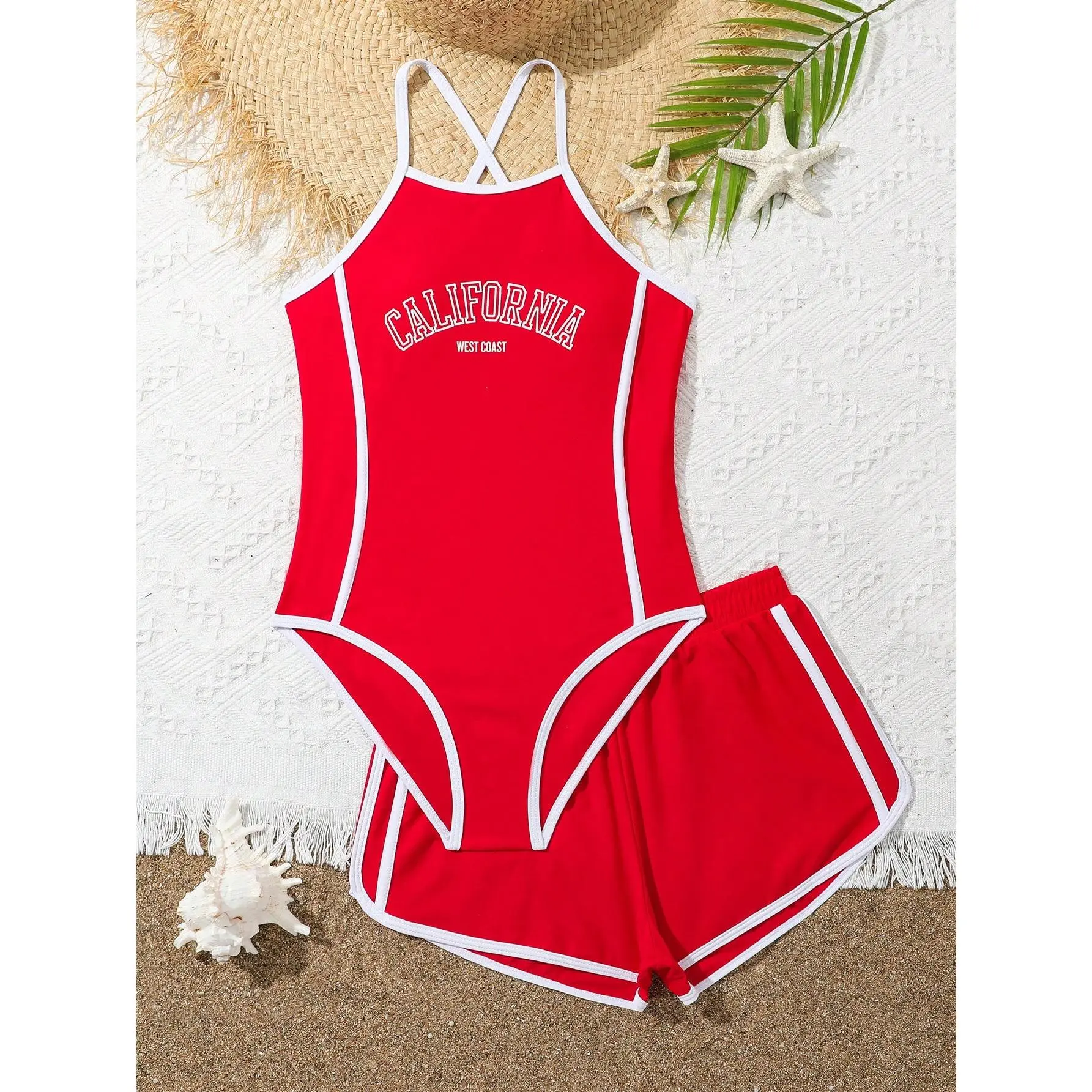 Tween Girl Fashionable Letter Graphic Contrast Piping-Piece Swimsuit ...