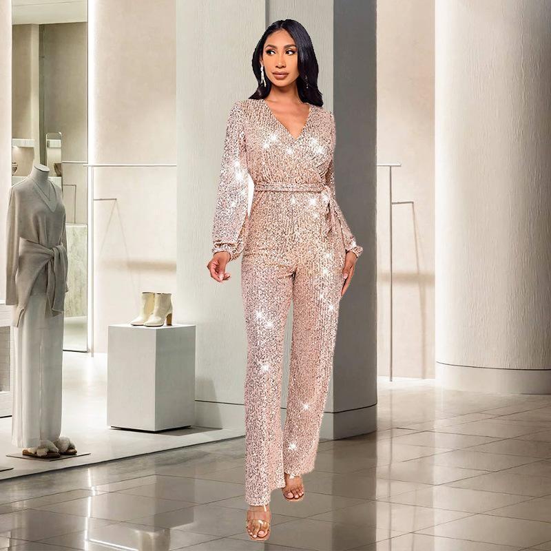 Deep V Fashion Casual Jumpsuit Long Sleeve Belt Sequin Jumpsuit | Black ...