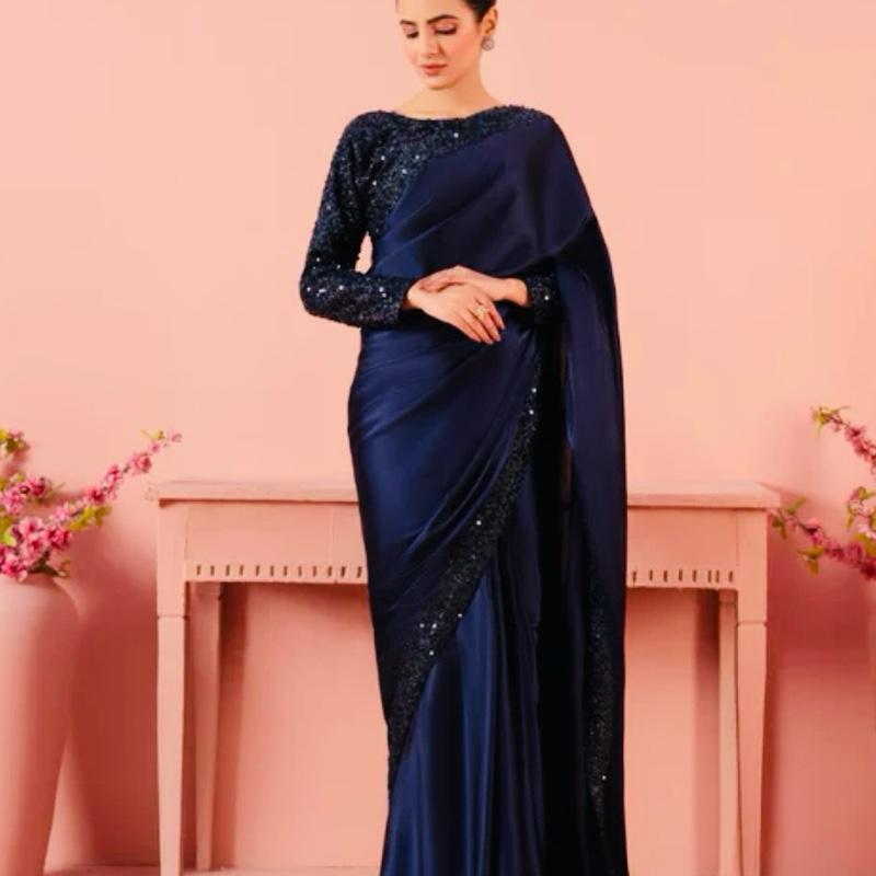 Luxury Party Wear Moonlight Blue Saree with Sequin Sleeves Elegant ...