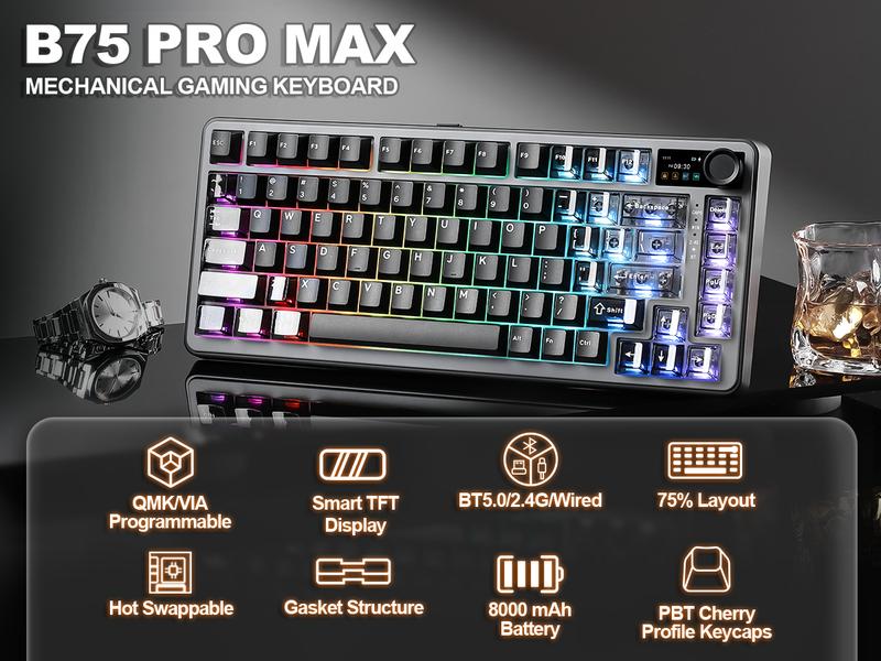 YUNZII B75 PRO MAX Wireless Mechanical Keyboard, 75% Layout with Screen ...