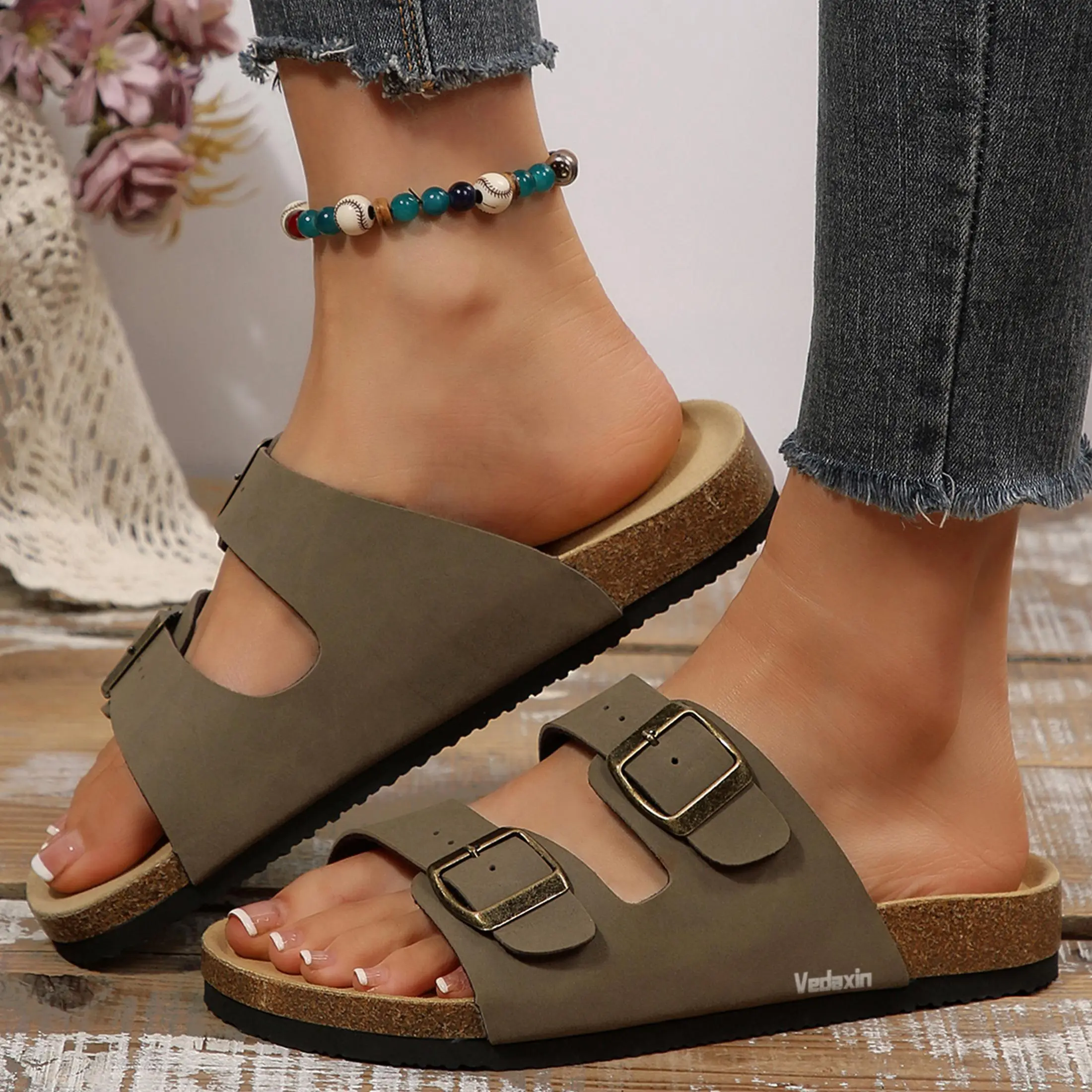 Women's Casual Double Buckle Slide Sandals Cork Sole Comfort Slippers ...