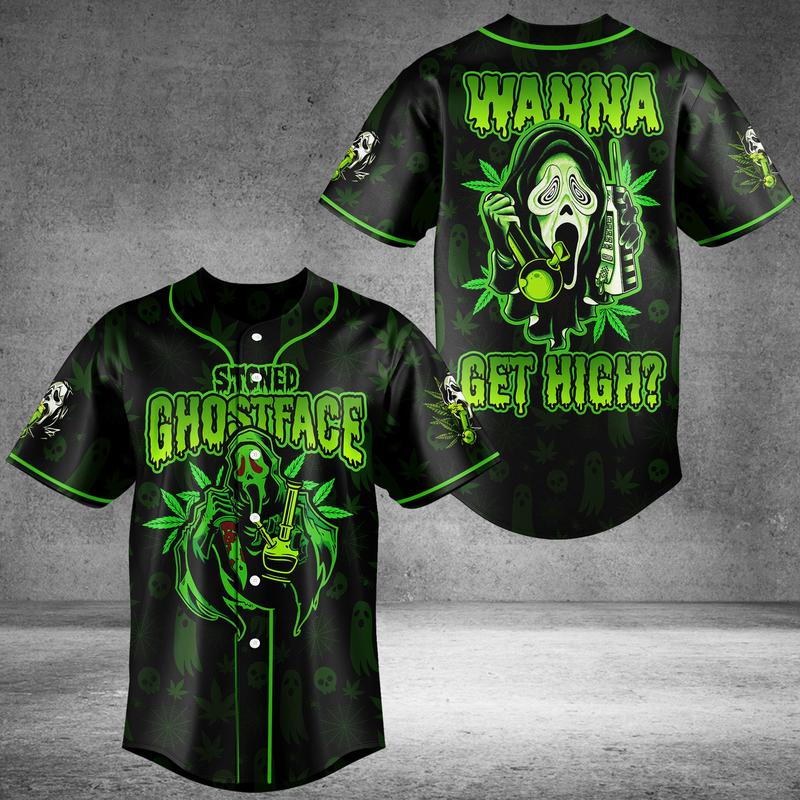 Ghost Face Baseball Jersey, Wanna Get High?, Scream 420 Baseball Shirt ...