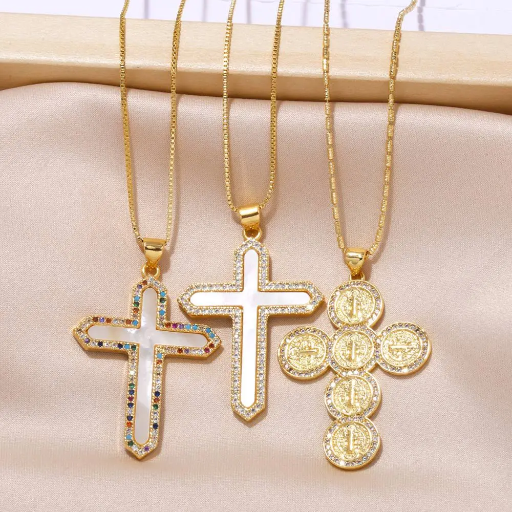 Virgin Mary Cross Zircon Pendant Necklace, Gold Plated Clavicle Chain ...