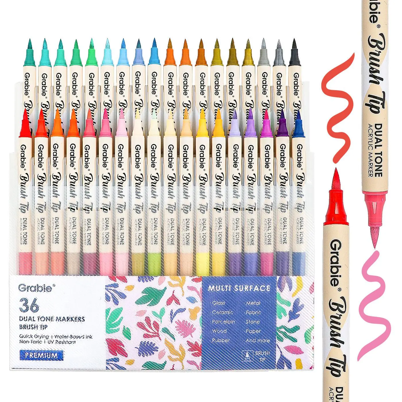 Grabie Dual Tone Brush Tip Acrylic Paint Marker Set of 36, Paint Pens ...