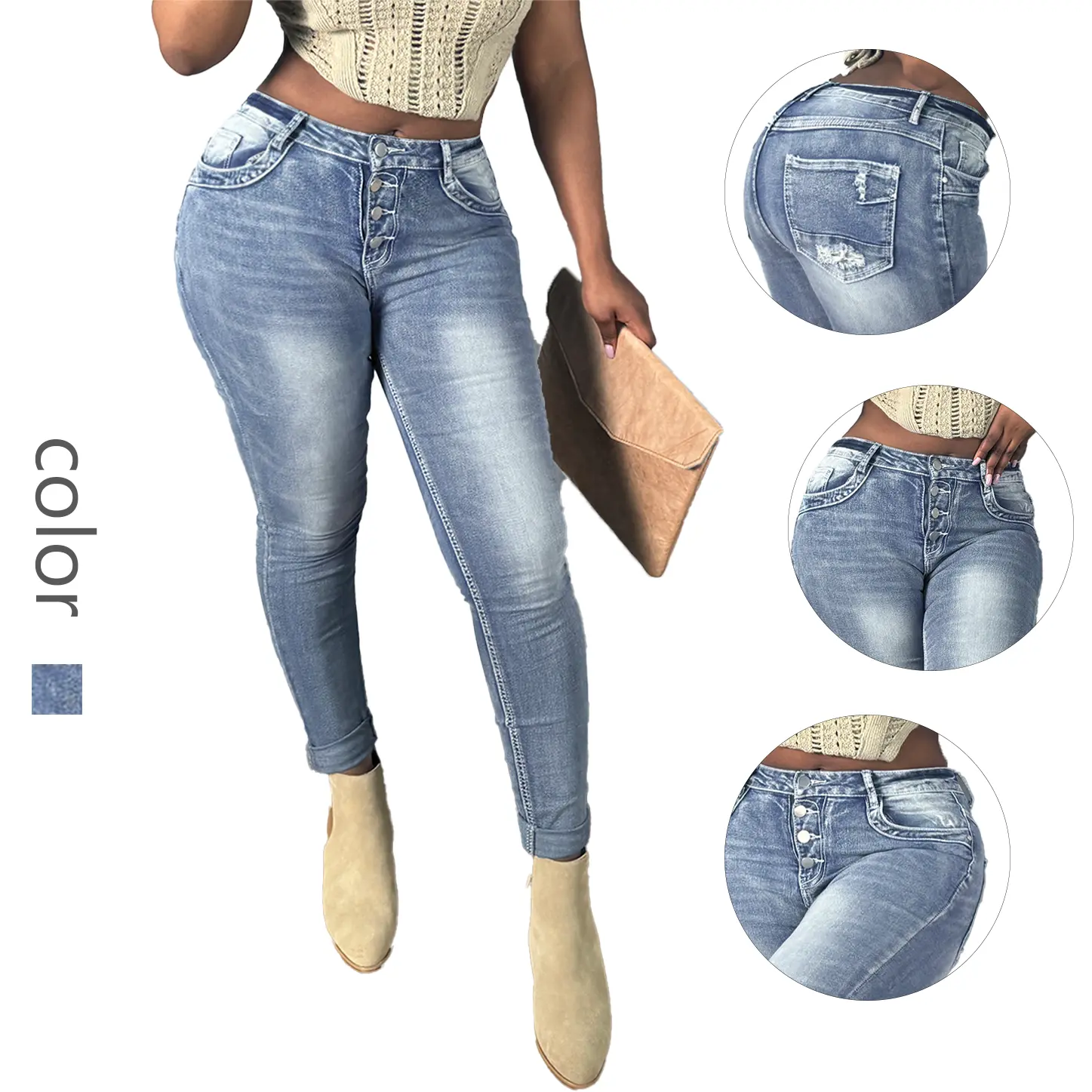 Vintage distressed button-up high-waisted denim women's pants - TikTok Shop