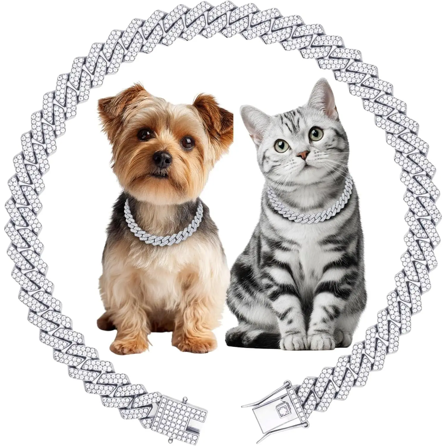 Luxury Cuban Link Dog Collar Silver Dog Chain Necklace with Diamond ...
