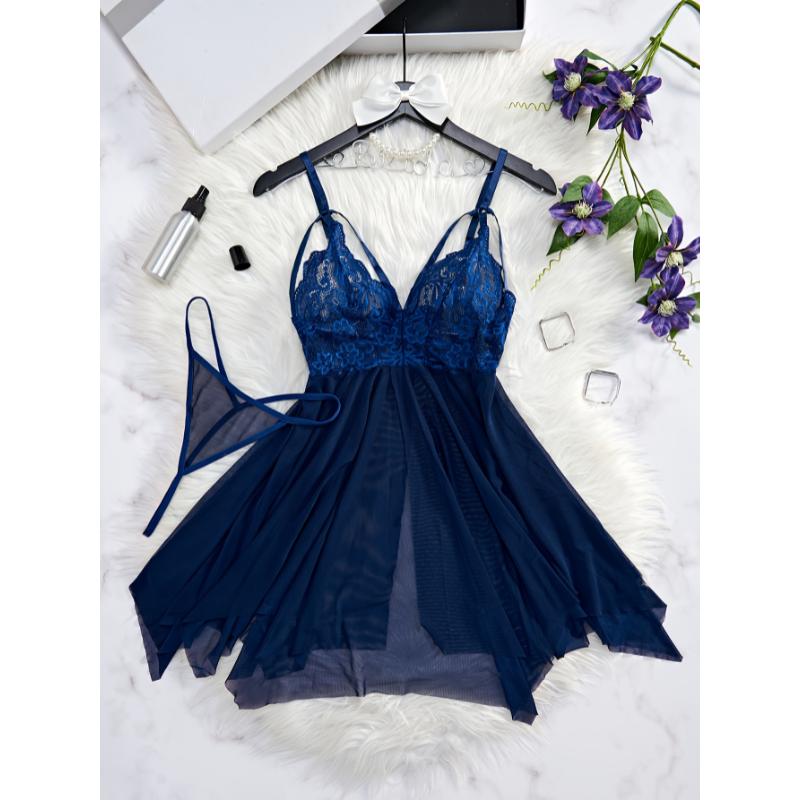 Lace Contrast Mesh Nightgown with Sheer V Neck Open Back Asymmetric Hem ...