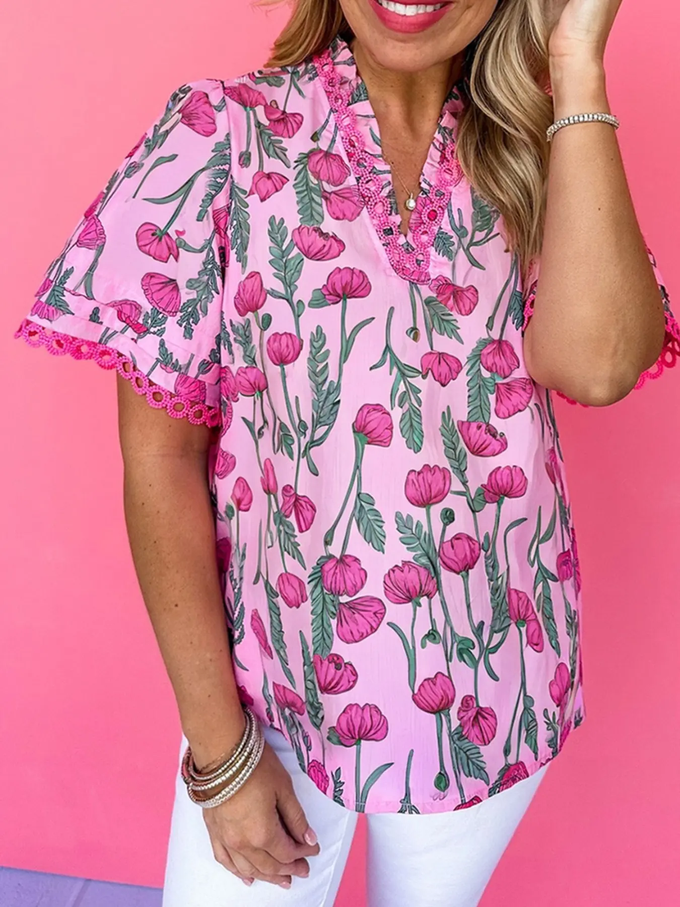 Summer Elegant Floral Print Lace Detail Pleated V Neck Shirt Blouse ...