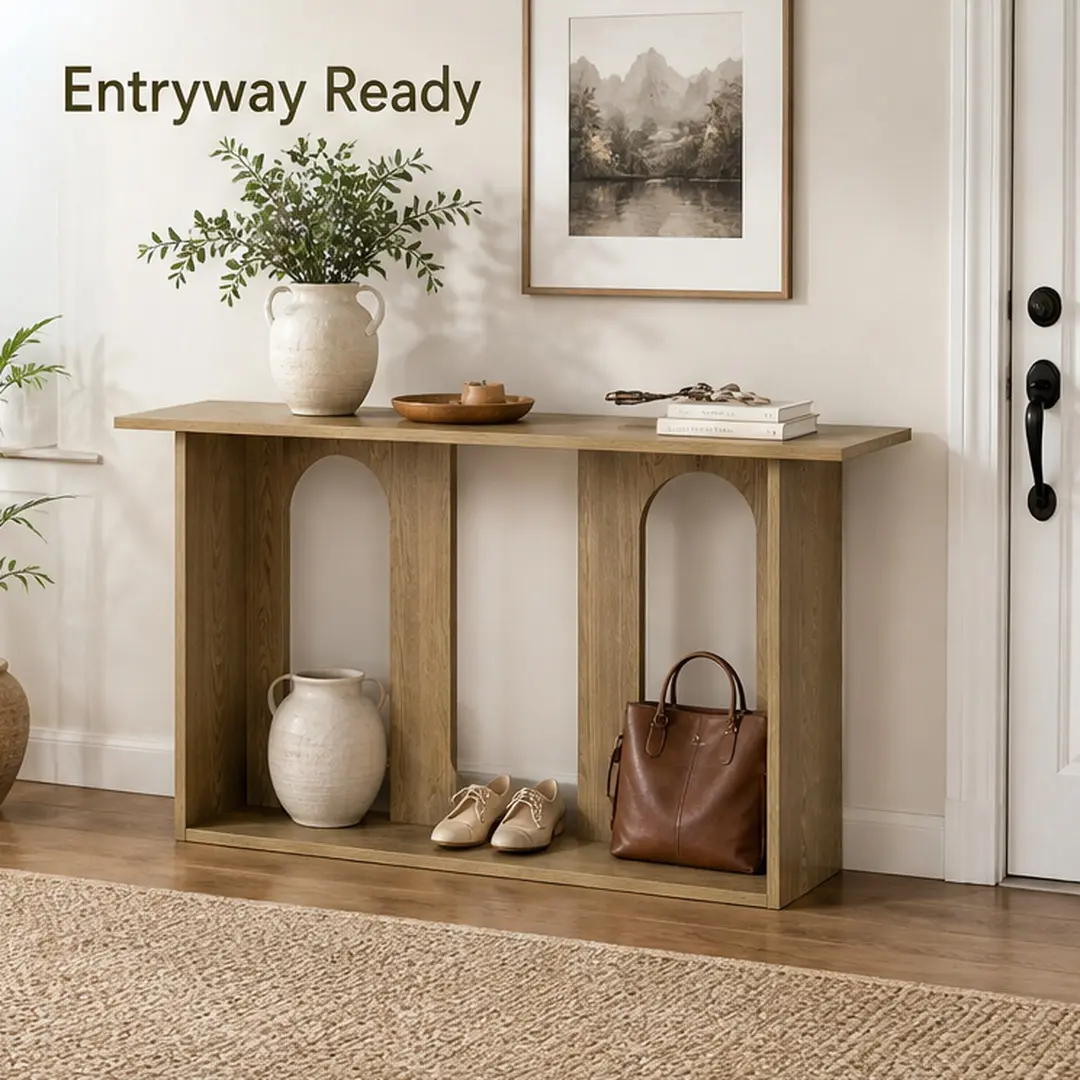 ARCH Modern Curved Console Table with Shelf, Ash Veneer Finish, MDF ...