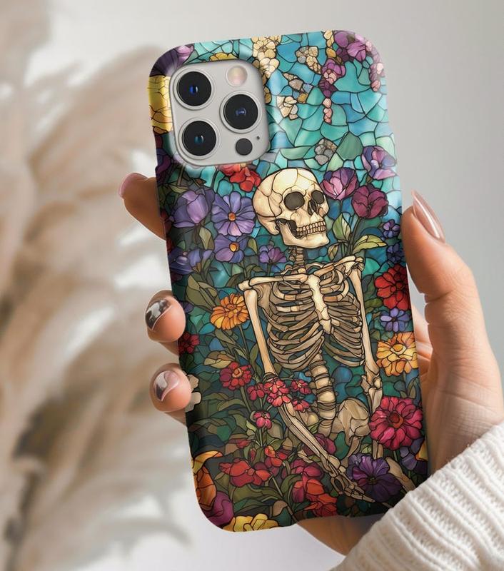 Gothic Skeleton Floral Phone Case Faux Stained Glass Skull Art Cover ...
