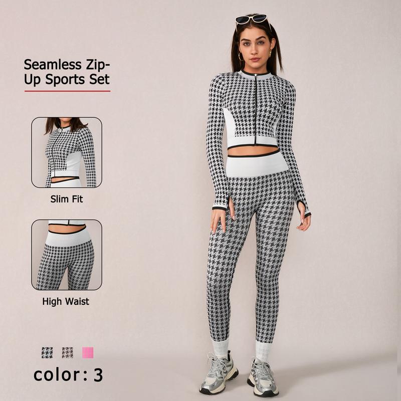 NcmRyu Fashion Houndstooth Yoga Set Women's Slim Fit Crop Top Jacket ...