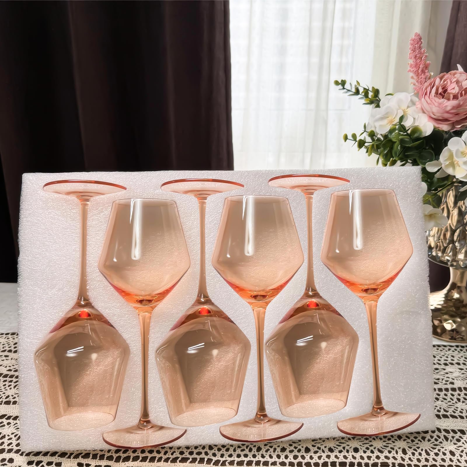 Peach Color Wine Glasses Set 6-16oz Light Pink Wine Glasses with Stem ...