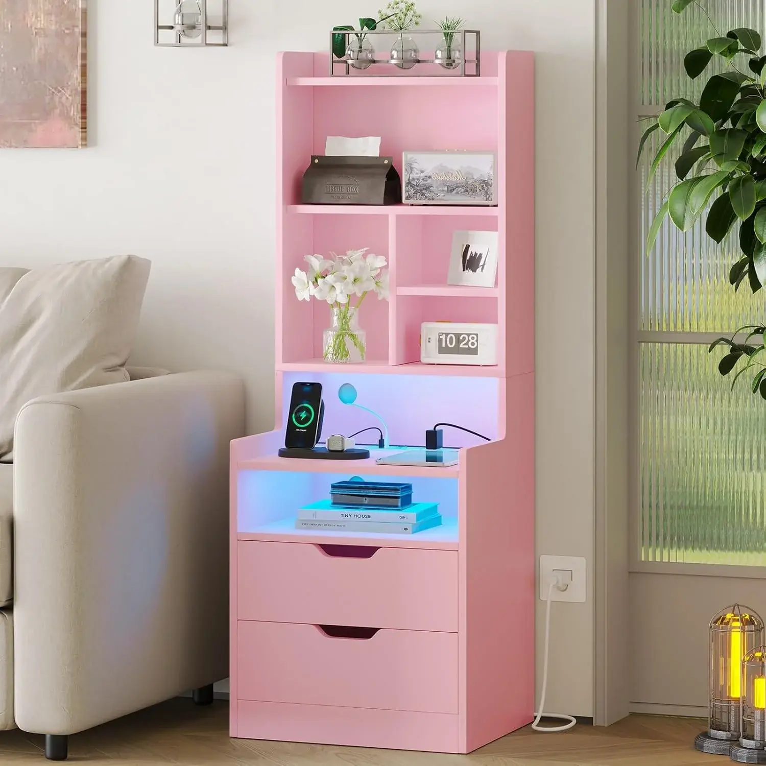 SIKAIC Modern LED Tall Blush Pink Bedside Table - Exquisite Drawer ...
