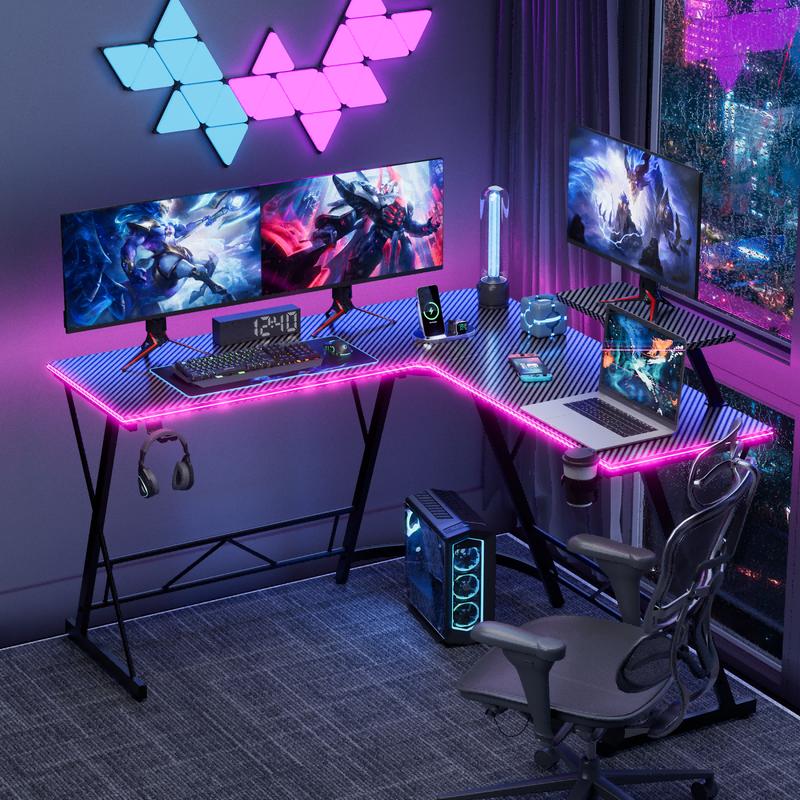Mr IRONSTONE L Shaped Gaming Desk with Led Lights Corner Computer Desk ...