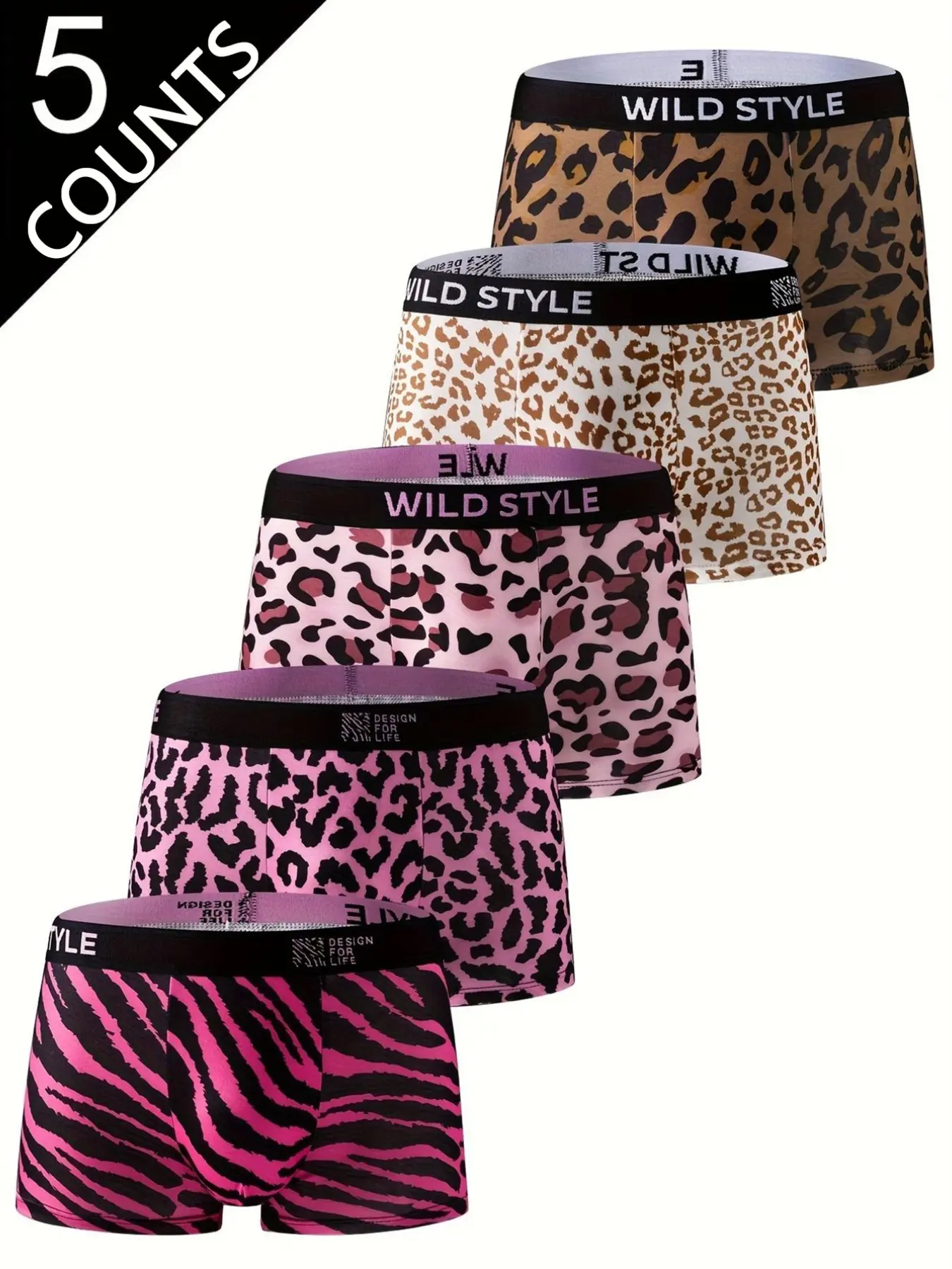 5 pcs men's printing leopard print flat cornered underwear, fashionable ...
