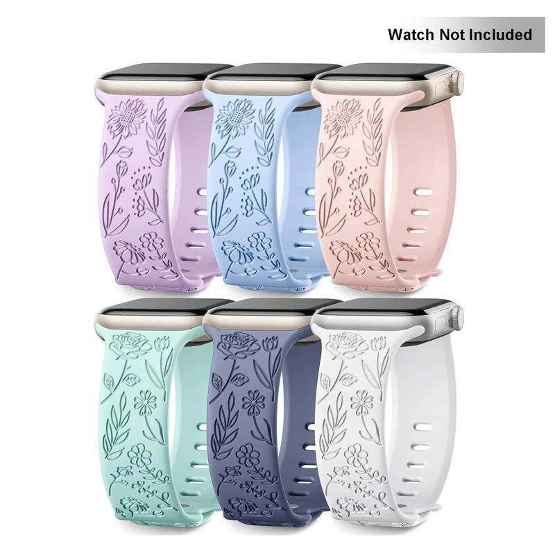 Floral Engraved Durable Sport Silicone Smart Watch Band (Only Band), 6 ...
