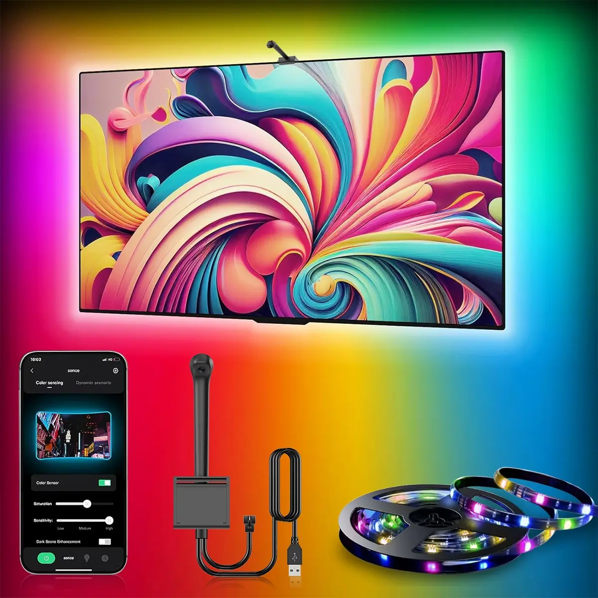 Rgbic TV Backlight Strip with Ar Color Sensor, 12.5ft for 55-65 Inch ...