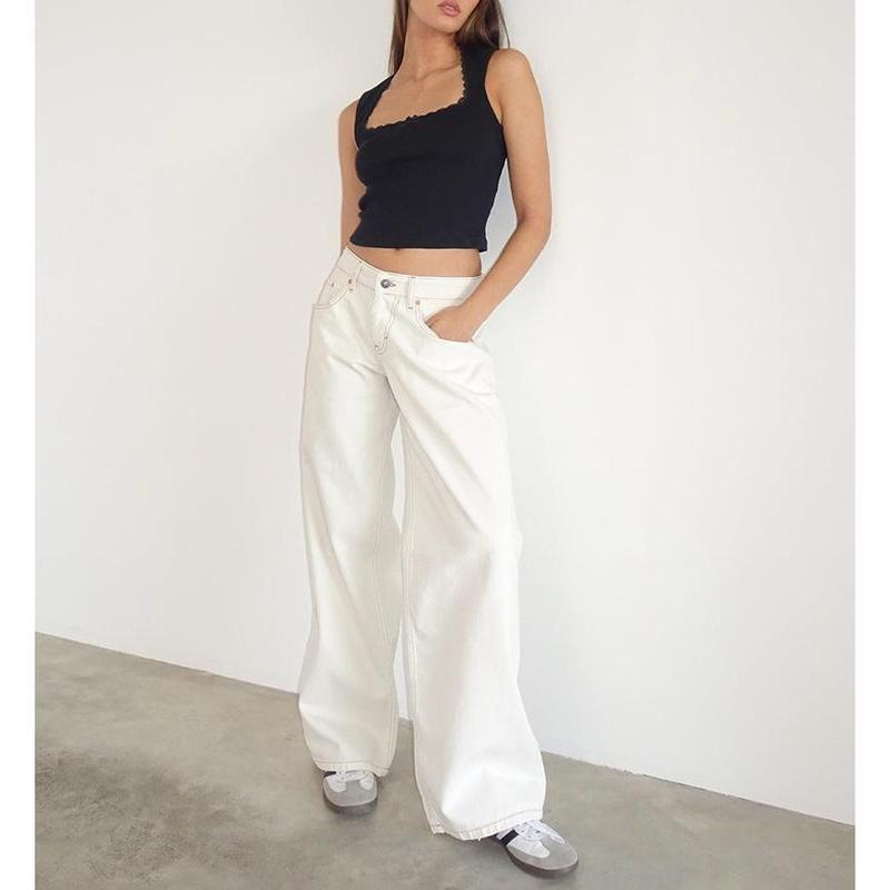 Women's Solid Color Low Rise Baggy Jeans Loose Straight Leg Boyfriend ...