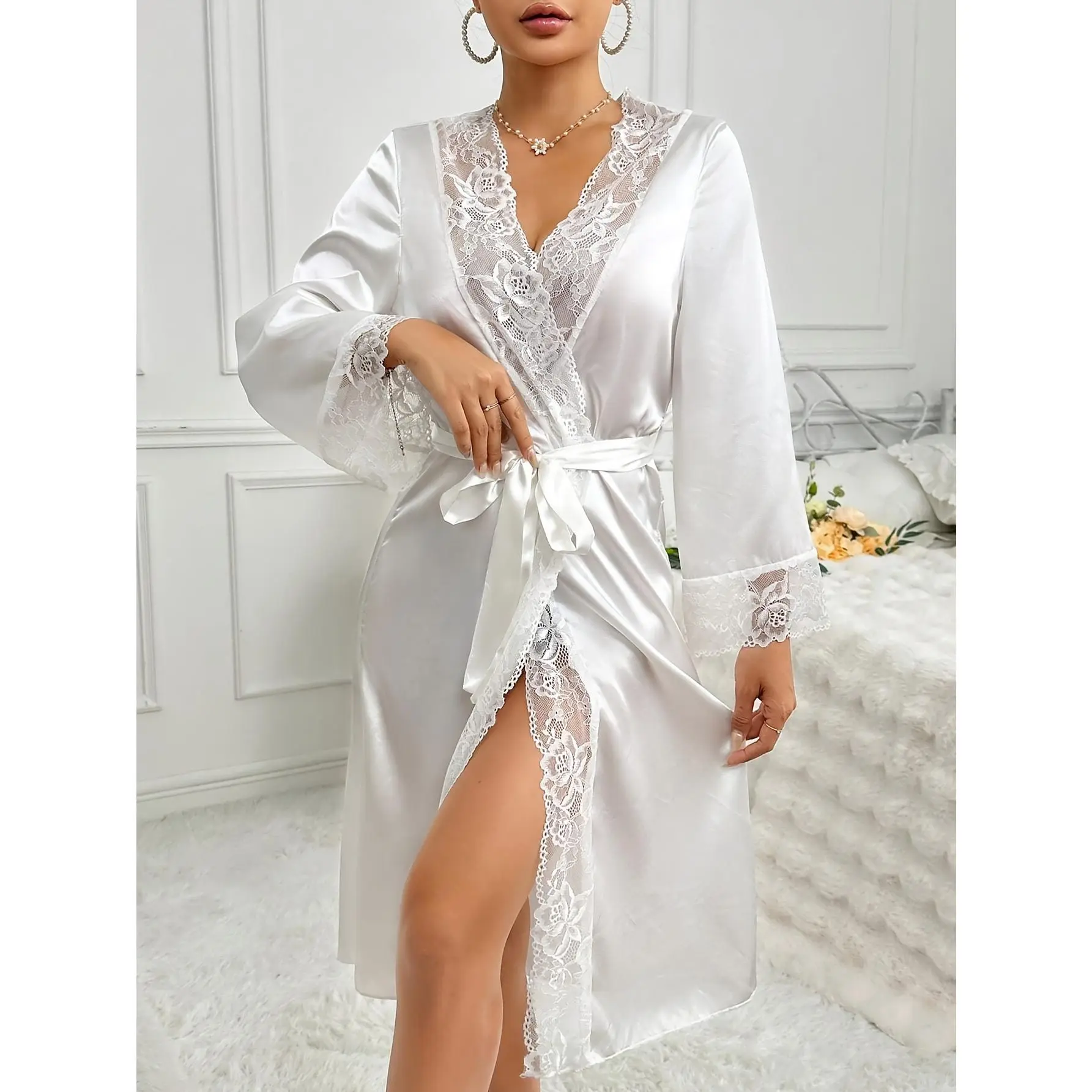 [All-Season Satin Elegant Sleep Robe] Women'S Solid Color Lace Trim ...