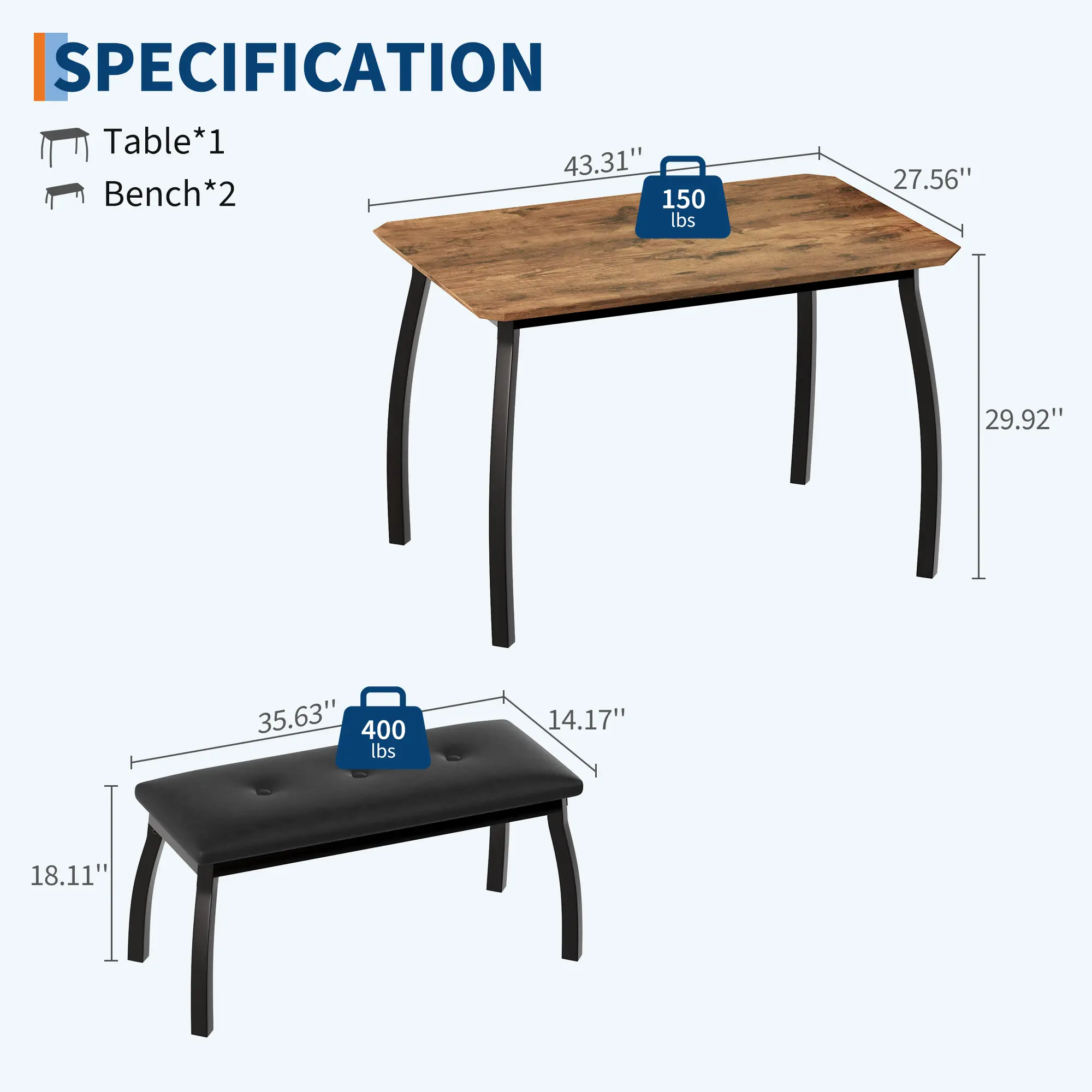 Dining Table Set for 4, Metal Frame Kitchen Table Set with 2 ...